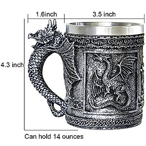 Medieval Roaring Dragon Mug - Dungeons and Dragons Beer Stein Tankard Drink Cup - 14oz Stainless Coffee Mug for GOT Dragon Lovers Collector - Ideal Novelty Gothic Father Day Gift Party Decoration