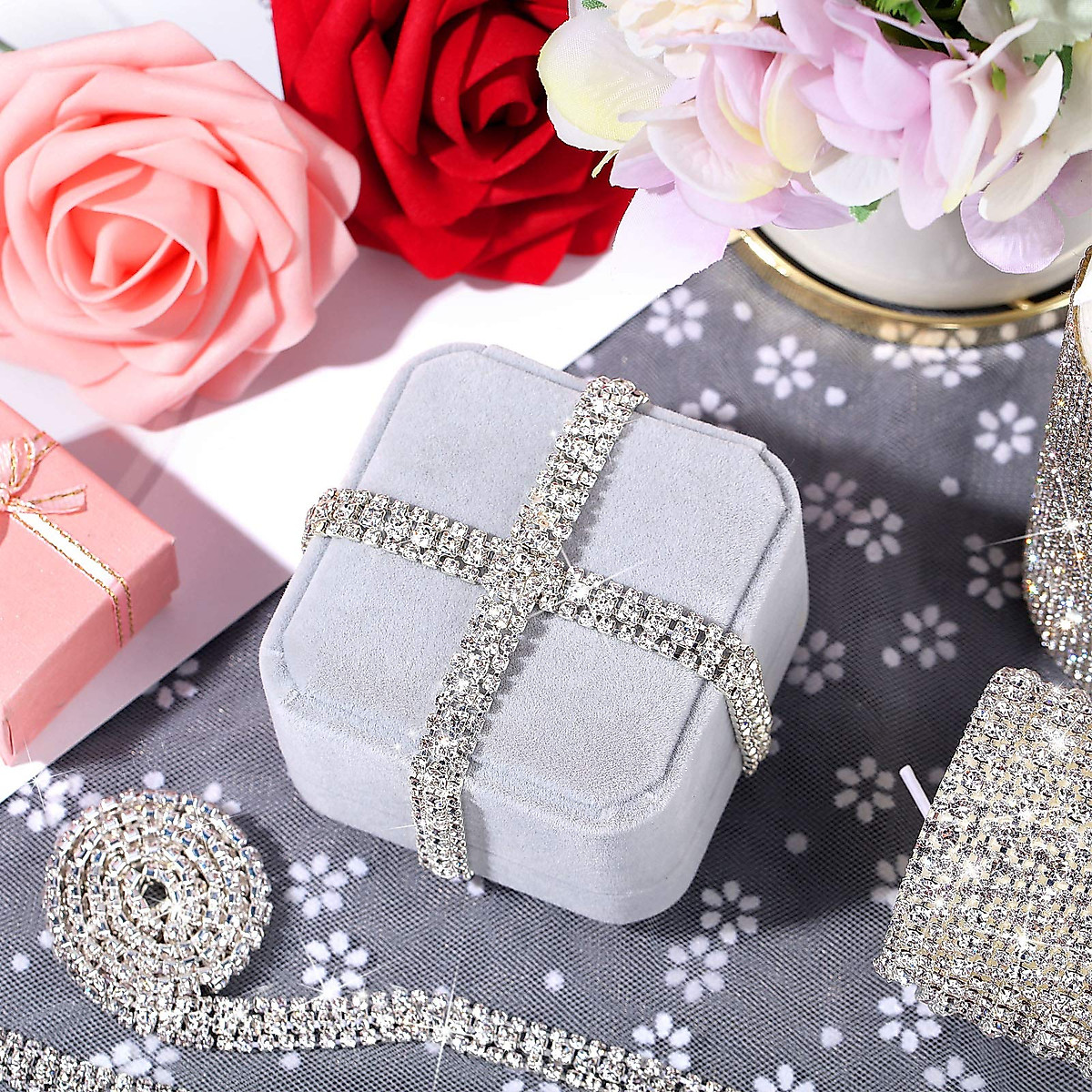 3 Yards 3 Rows Crystal Rhinestone Close Chain Trim for Crafts (White Rhinestone with Silver Base,3 Yard x 0.47 Inch)