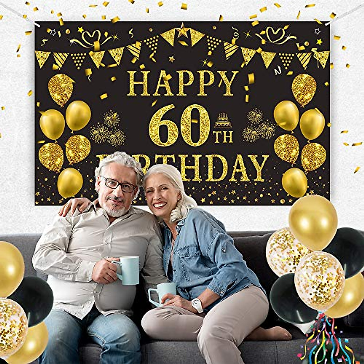 Trgowaul 60th Birthday Backdrop Gold and Black 5.9 X 3.6 Fts Happy Birthday Party Decorations Banner for Women Men Photography Supplies Background Happy Birthday Decoration