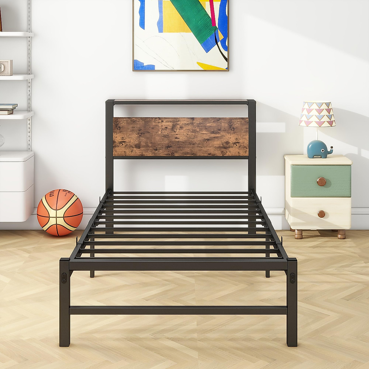 ARFARLY Twin Bed Frames Platform Bed Frame with Wood Storage Headboard No Box Spring Needed,Strong Slats Mattress Foundation,Easy Assembly,Black+Brown