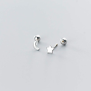 Minimalist Moon Star Cartilage Stud Earrings S925 Sterling Silver Fashion Small Tiny Earring Studs Asymmetrical Tragus Screw Back Ear Piercing for Women … (Silver)
