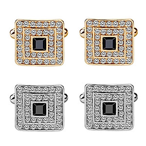 Black and Silver Gold Concentric Diamond Clear Crystal Dust Cufflinks, AILUOR Tuxedo Shirt Cufflinks French Style Shirt Studs (Silver)