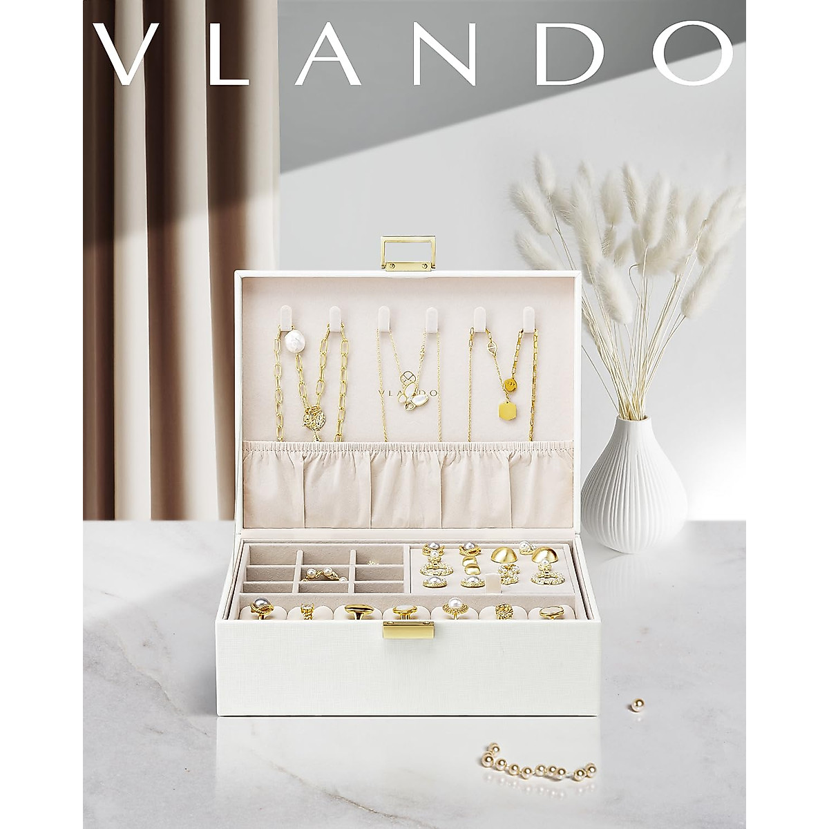 Vlando 2 Layer Jewelry Box Large Jewelry Organizer for Women Removable Jewelery Tray for Necklace Earrings Rings Bracelets Jewelry Boxes for Christmas Gifts Wedding Gifts (Cream White)