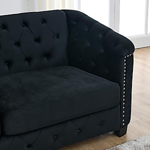 POCIYIHOME 77" Velvet Chesterfield, Deep Button Tufted 3 Seater Sofa Couch with Upholstered Backrests and Nailhead Trim Arms for Living Room, Recliner Loveseat Folding Daybed, 2 Pillows (Black)
