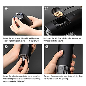 Electric Pepper Salt Grinder Gravity Automatic Spice Grinder Battery Powered Pepper Mill with LED Light Adjustable Coarseness One Hand Operation for Kitchen Resturant Camping BBQ Black