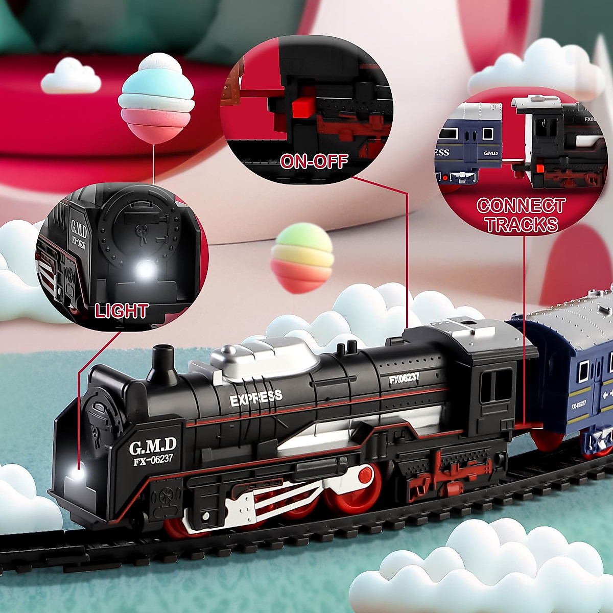 deAO Christmas Train Set Toys for Kids, Toy Train Track Locomotive Engine Battery Powered Railway Kits with Road Signs and Tracks Birthday Gifts for Age 3 4 5 6 7
