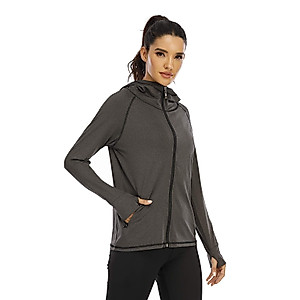 Koscacy Zip Up Hoodie Women,Lightweight Long Sleeve Full Zip Up Fitness Athletic Hoody High Elastic Ultra Soft Light Weight Sweater Sweatshirt Black Heather X-Large