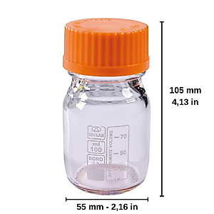 ISOLAB USA – Round Media Storage Bottle, 100ml, with COLOR CODED Screw GL 45 Cap, Borosilicate 3.3 Glass, Pack of 10