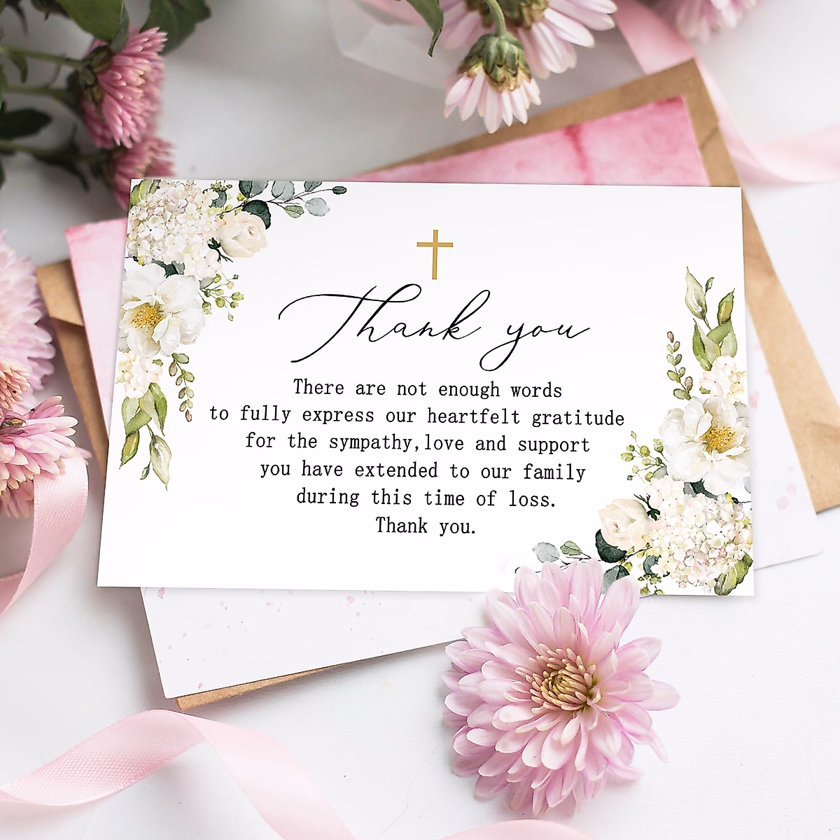 Whaline 48Pcs Funeral Thank You Cards Cross Sympathy Thank You Card with Stickers Envelopes Flower Bereavement Card for Memorial Service Loved Ones Celebration of Life