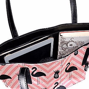Fashion Leather Handbags Black Flamingo & Pineapple on Pink Background Tote Bag With Zipper for Beach Shopping School Work Travel Business
