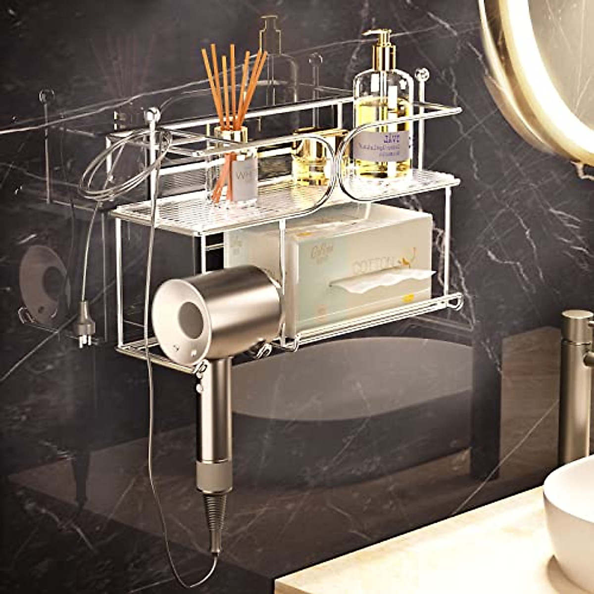 Acliys Bathroom Shelves Wall Mounted, Acrylic Hair Dryer Holder Tissue Box Holder, No Drilling Floating Shelves Bathroom Accessories for Blow Dryer Facial Tissues Cosmetics Toothbrush(Silver, Clear)