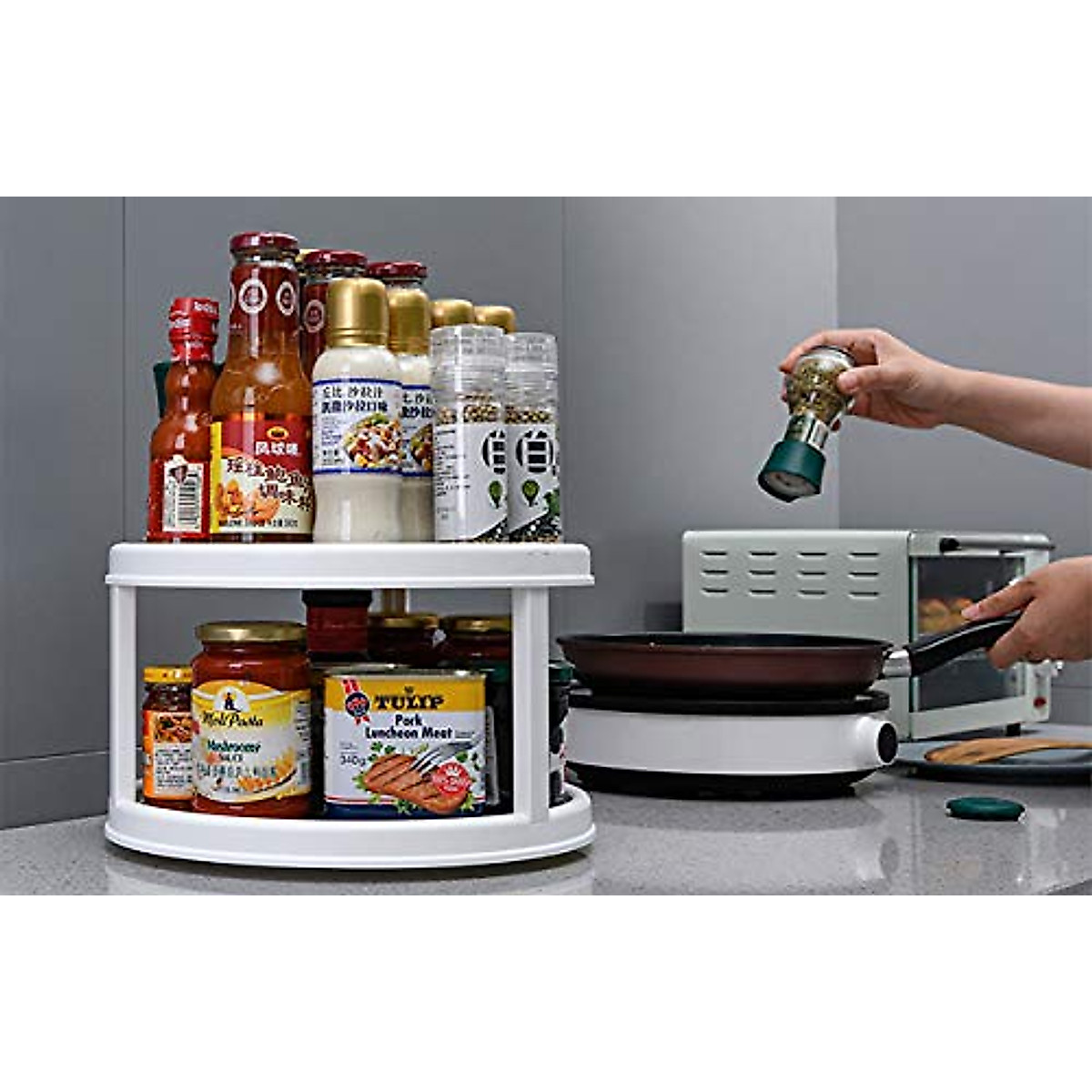 Yesland 2 Pcs 2-Tier Lazy Susan Turntable, 12 Inches Non-Skid Tiered Rotating Kitchen Spice Organizer for Cabinets Pantry Bathroom Countertop Refrigerator(Gray and White)