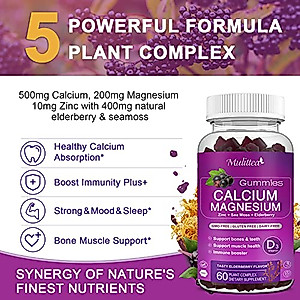 Calcium Magnesium Zinc Gummies with High Absorption Magnesium Glycinate 200mg Potassium -Plant Complex Calcium Supplement with D3 Sea Moss for Bone, Muscles, Calm Mood & Sleep Support - Vegan (2 Pack)