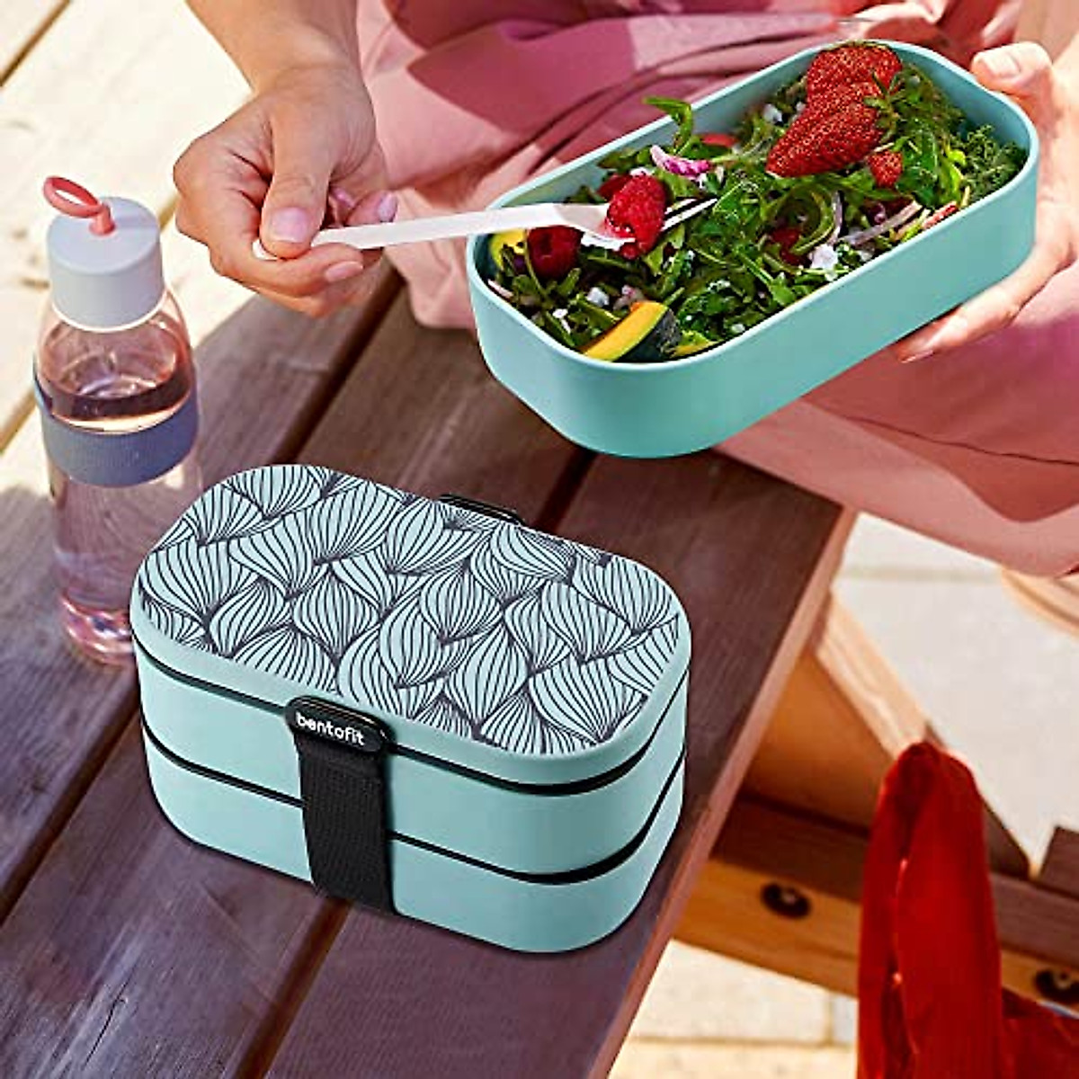 Bentofit Premium Bento Box Adult Lunch Box - 45oz 2-Compartment Container with Cutlery & Sauce Holder for Convenient On-the-Go Meals, Microwavable (Wathet Blue)