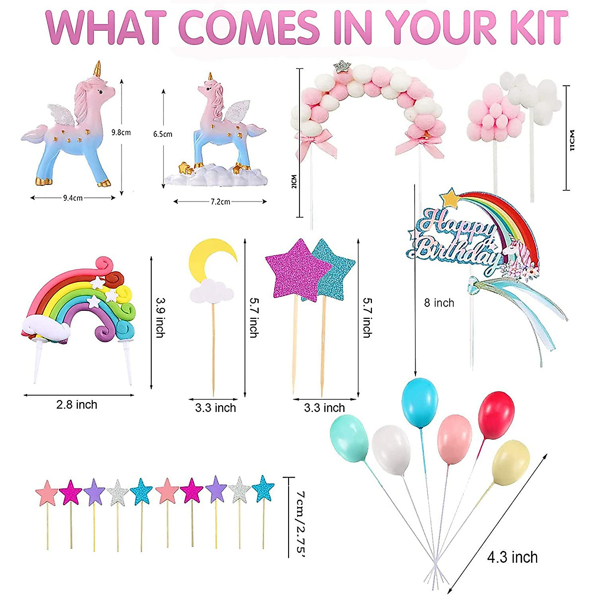 Unicorn Party Cake Topper Kit with 2 Unicorns Sculpture, Rainbow Balls Cloud for Unicorn Birthday Party Supplies