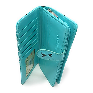 Shag Wear Vintage Bird Cage Large Wallet for Women and Teen Girls Vegan Faux Leather Blue 7"