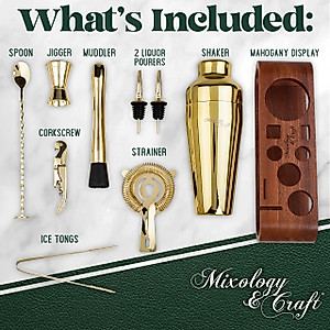 Mixology Bartender Kit: 10-Piece Bar Tool Set with Mahogany Stand | Perfect Home Bartending Kit and Martini Cocktail Shaker Set For a Perfect Drink Mixing Experience | Fun Housewarming Gift (Gold)