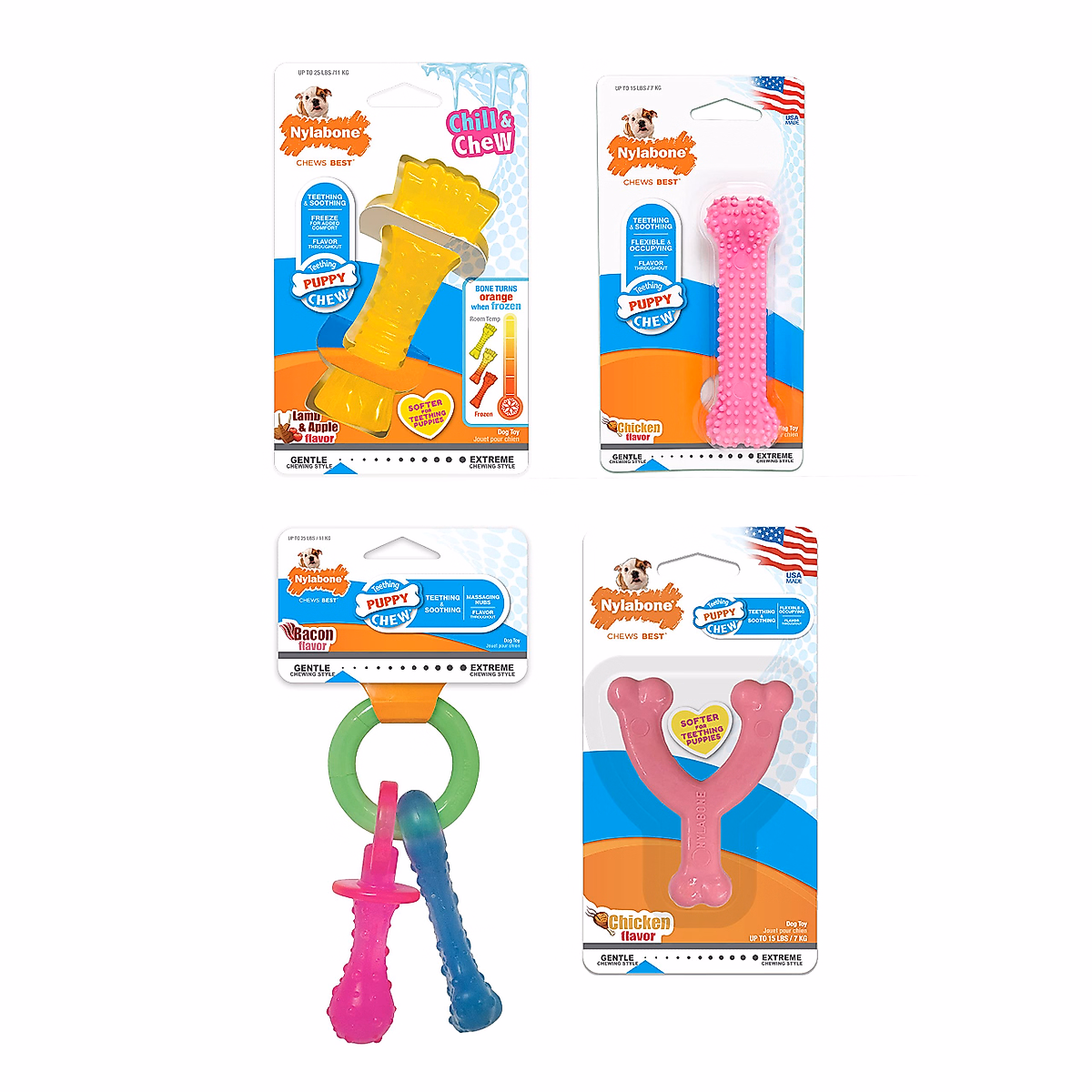 Nylabone New Puppy Chew Toy Bundle, Toys for Teething Puppies, Chicken & Bacon Flavors, Pink, X-Small - Up to 15 lbs, 4 Pack