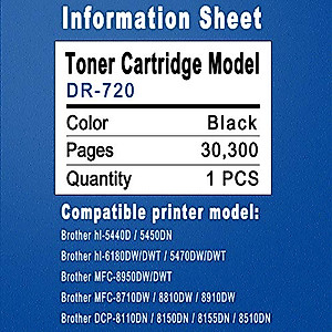 1 Pack DR-720 Black Compatible DR720 Drum Unit Replacement for Brother hl-5440D 5450DN 5470DW/DWT 6180DW/DWT DCP-8110DN MFC-8710DW 8150DN Printer Drum Unit,High Page Yield Up to 30,300 Pages