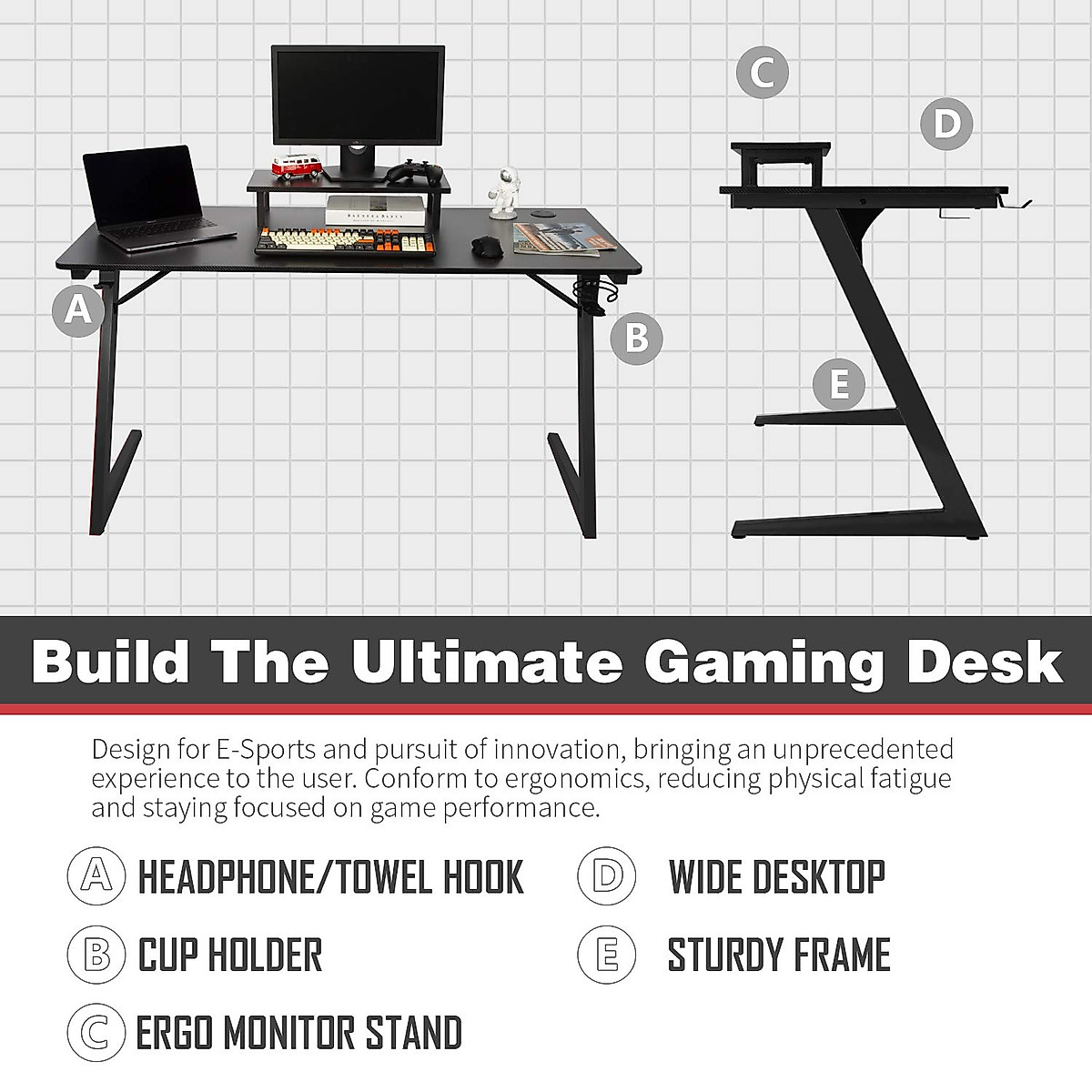 TOPSKY Gaming Computer Desk Home Office Gaming Table with Cup Holder Headphone Hook Z Shaped Leg(55”, All Black)