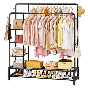 JOISCOPE 47'' * 67'' Heavy Duty Clothes Rack, Double Rods Clothing Racks for Hanging Clothes, Garment Rack with 5 Tier Closet Shelves & 4 Hooks for Clothing Storage, Metal Black Clothing Rack
