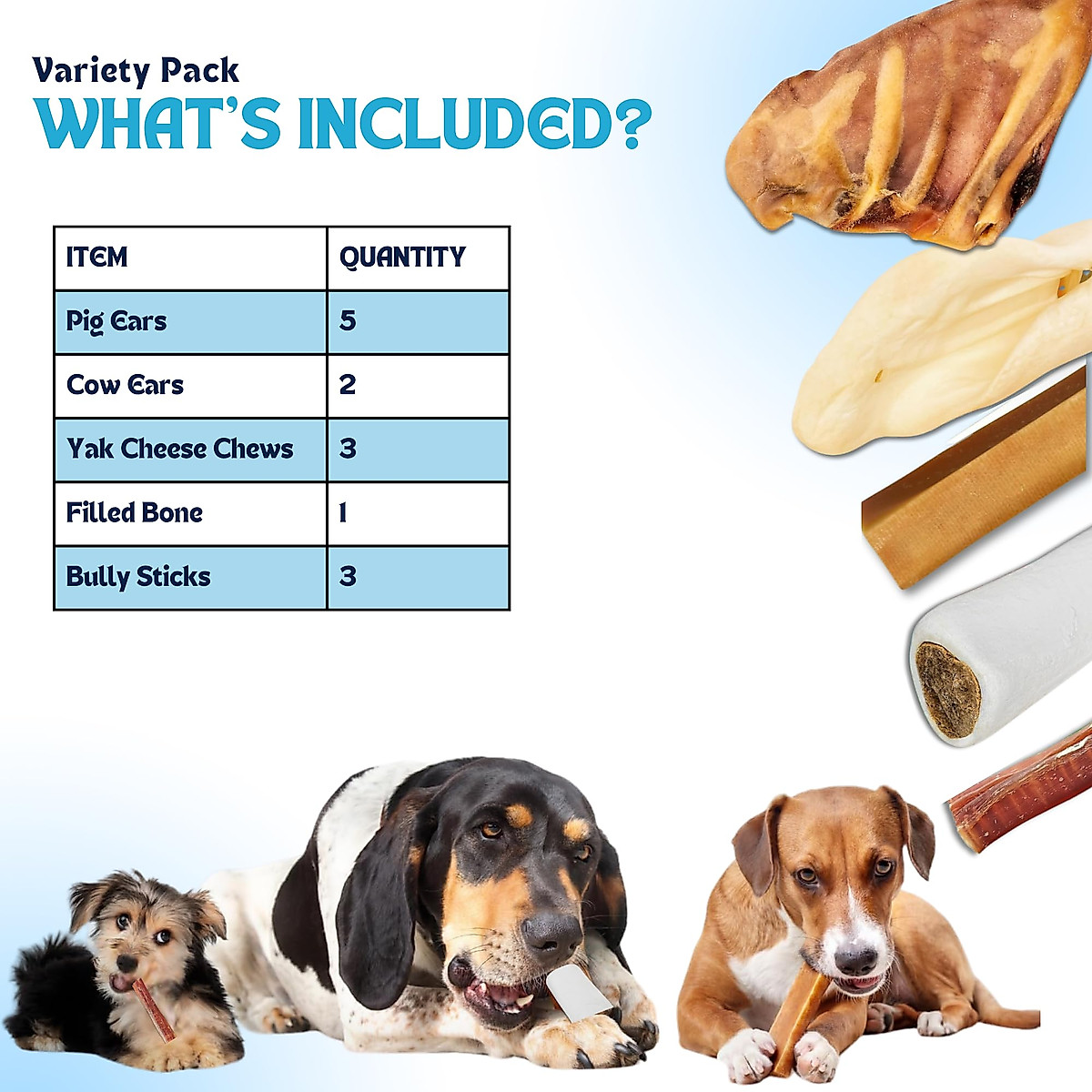 FETCHERONI Dog Treat Variety Box - Variety Box Consists of 5 Pig Ears, 3 Yak Cheese Chews, 3 Bully Sticks, 2 Cow Ears, and 1 Dog Bone - Long Last Dog Chew Treats - All Treats are 100% Natural