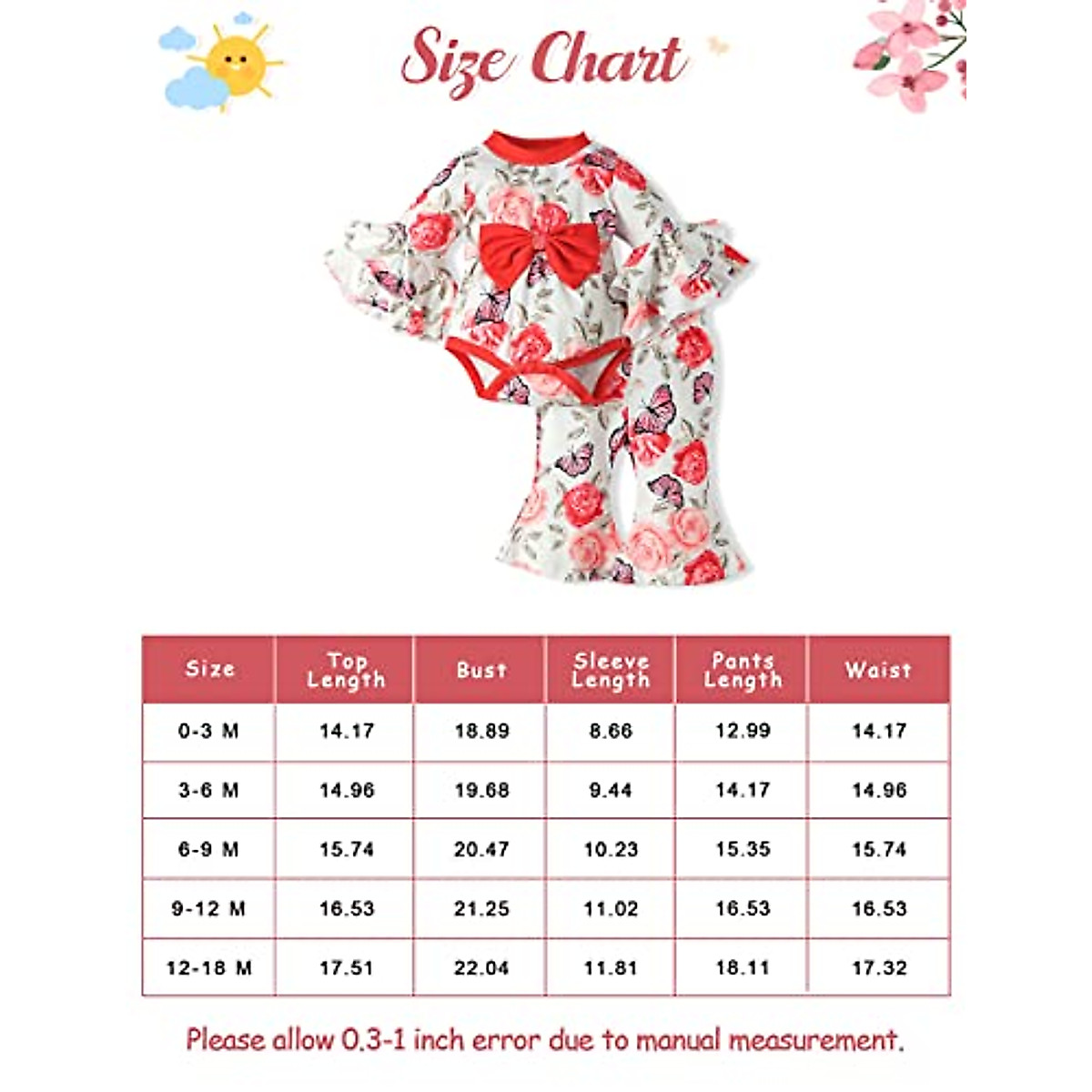 Newborn Baby Girl Clothes Infant Outfits Ruffle Sleeve Floral Romper Flare Pants Set Fall Winter Clothes 6-9 Months Red