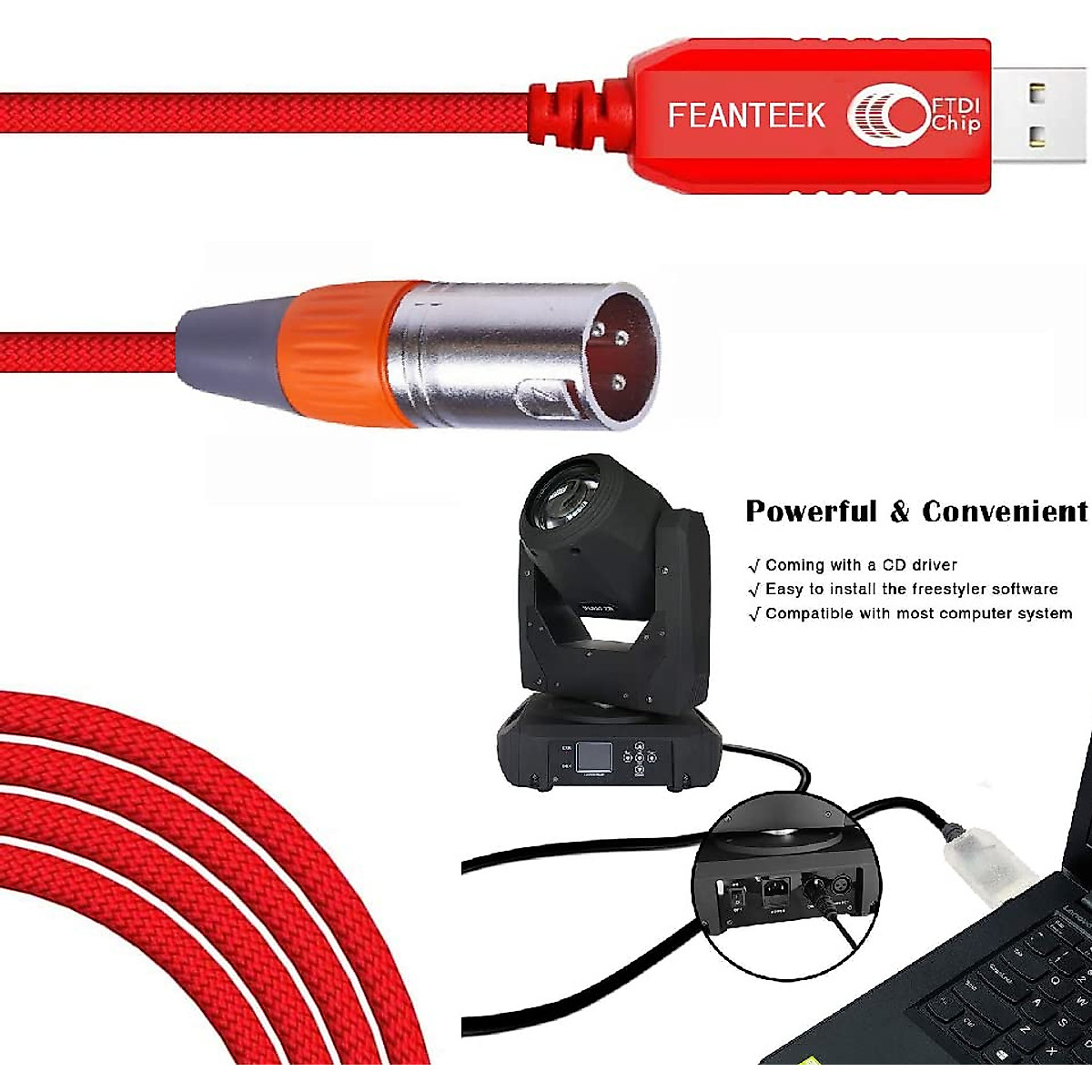 Feanteek USB to DMX Adapter RS485 Converter 3PIN XLR Male DMX512 Freestyler Software PC Control Dimmer Cable with FTDI Chip Support Win10 Mac OS(6ft/1.8m), Red