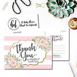 25 Girl Baby Shower Thank You Note Card Bulk Set, Floral Pink and Gold Blank Cute Sprinkle Postcards, No Envelope Needed Stationery Appreciation For Party Gifts, Personalize Printable Cardstock Paper