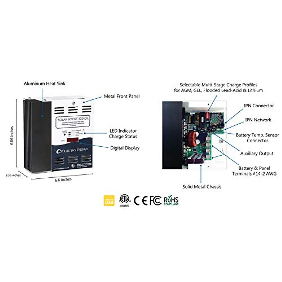 Blue Sky Energy Solar Boost SB3024DiL, MPPT Charge Controller 40A/30A with display, 12V/24V battery. Auxiliary Output for Dual Battery charge or 20A LVD Load Output