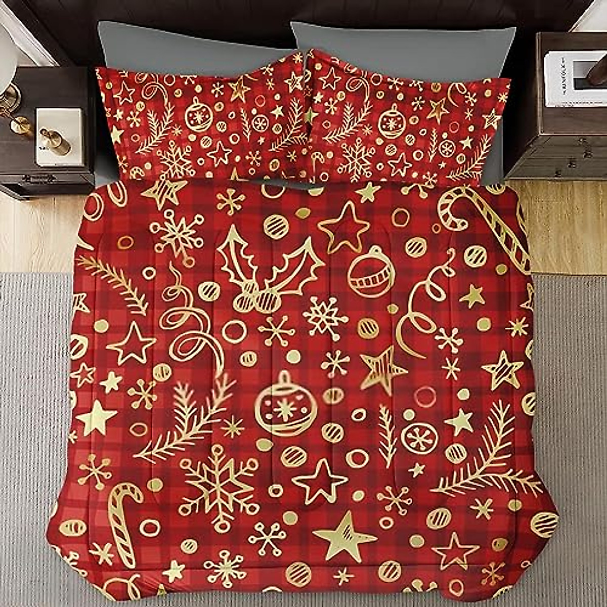Pinbeam Comforter Set Twin Size, Christmas Golden Plaid Xmas Soft Bedding Set for Kids and Adults Bedroom Bed Decor, Retro Tree Winter Comforter Set with Pillowcase