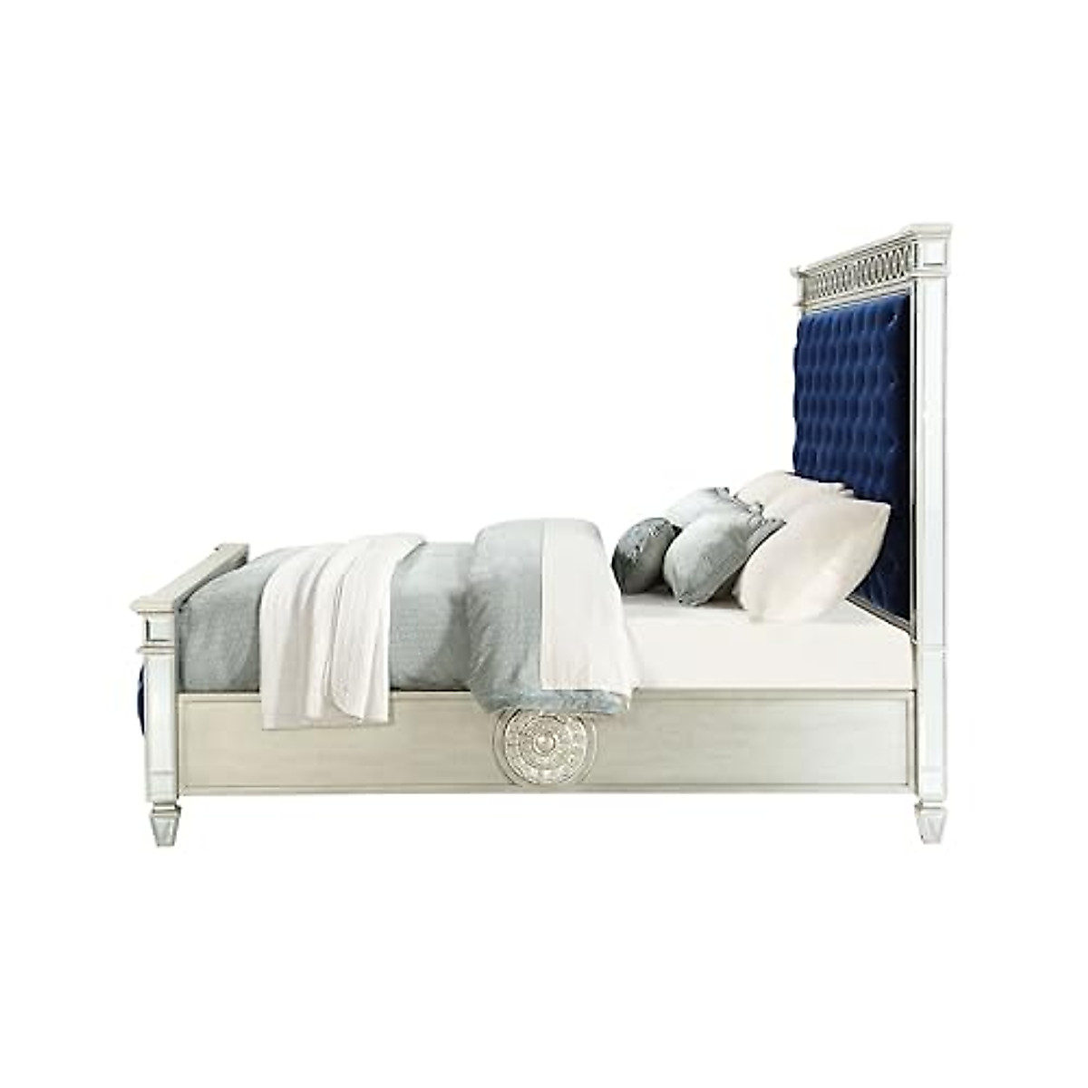 Acme Varian Queen Upholstered Panel Bed in Blue Velvet and Mirrored