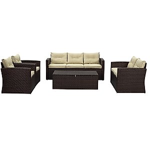 Thy-Hom Rio 5 Piece Outdoor Patio Furniture Sets, Patio Furniture Outdoor Sectional Sofa, All Weather Woven Wicker Patio Sofa Brown PE Rattan Patio Conversation Set w/Cushion and Table