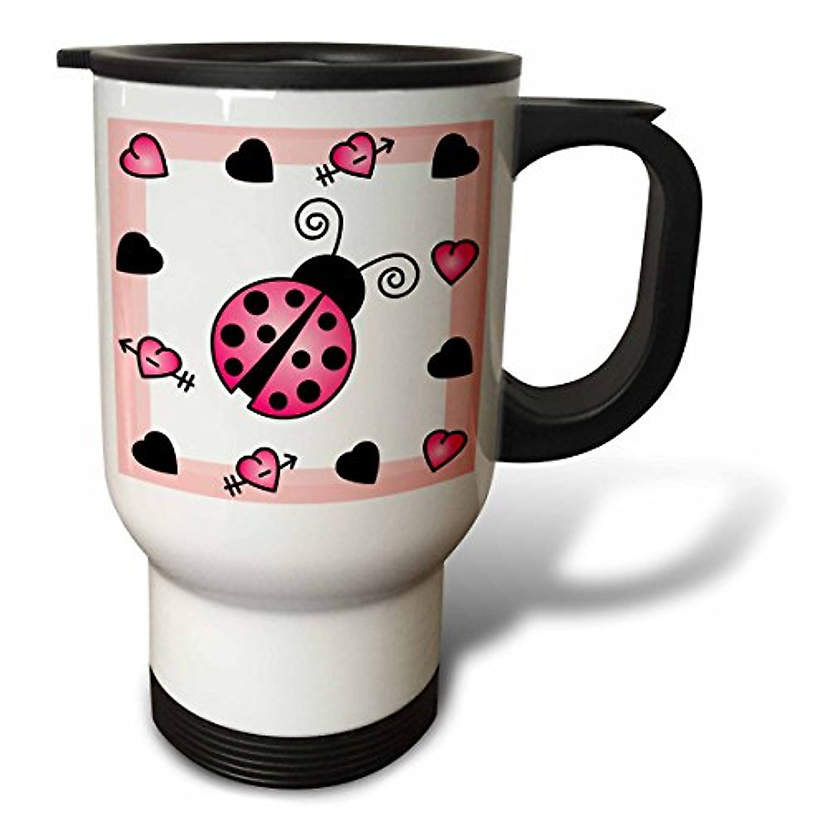 3dRose Love Bugs Pink Ladybug with Hearts Travel Mug, 14-Ounce, Stainless Steel