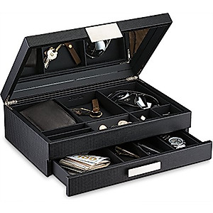 Glenor Co Mens Valet/Dresser Organizer - Luxury 12 Slot Jewelry Accessories Box, Carbon Fiber Design, Drawer Tray, Metal Buckle & Large Mirror for Men’s Watches, Sunglasses, Wallet… Pu Leather Black