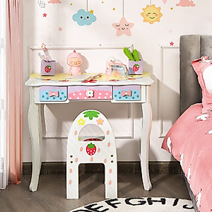 MAT EXPERT Kids Vanity with Stool & Mirror, Pretend Dresser Playset w/Tri-Folding Oval Mirror & 3 Drawers, Toddler Vanity w/Detachable Top, 2 in 1 Princess Makeup Dressing Table w/5 Accessories