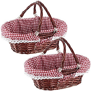 MAHIONG 2 PCS Brown Wicker Woven Gift Easter Basket, Hand Woven Empty Willow Woven Basket with Double Folding Handles and Washable Gingham Liner, Wicker Picnic Basket for Egg Candy Fruit Toy Storage