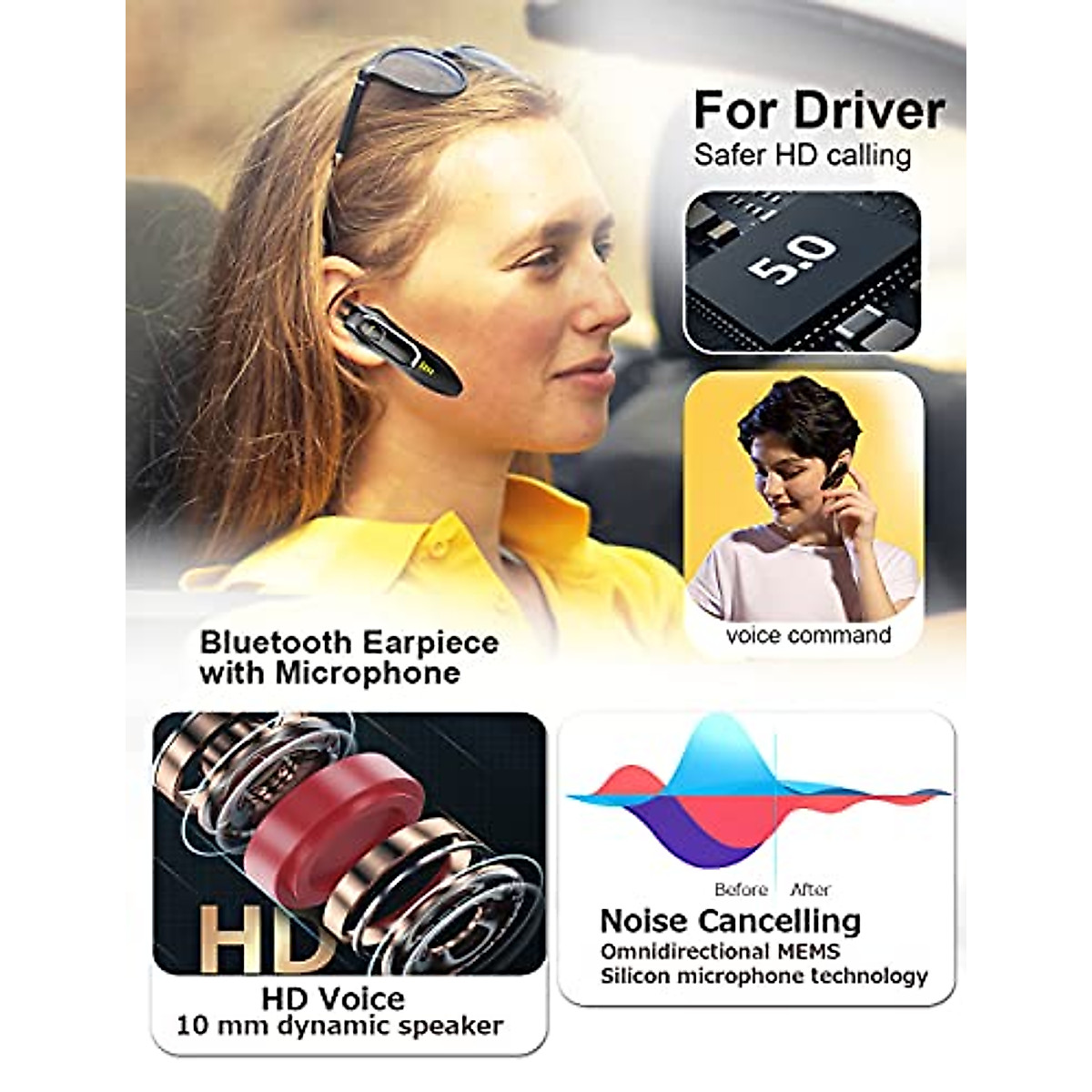 Wireless Bluetooth Earpiece V5.0 for Cell Phone, Powerful Noise Cancelling, Voice Command, Single Ear Bluetooth Headset with Microphone, Handsfree Earpiece for Trucker/Android/iPhone