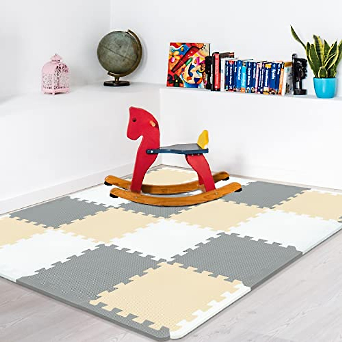 Yostrong® 16 Tiles Interlocking Puzzle Foam Baby Play Mat with Straight Edges for Playing - EVA Babies Crawling Mat | Rubber Floor Work out Mats for Home Gym. White, Beige, Gray. YOC-AJLb16S16
