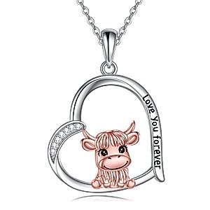 YAFEINI Highland Cow Necklace Sterling Silver Heart Highland Cow Pendant Necklace Scottish Jewelry for Women Cow Lover Gifts