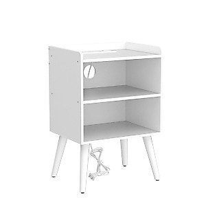 LAKEMID Night Stand with Charger Station, Bedside Table with LED Lights, Side Table with Fast USB-C Port, Nightstand with Solid Wood Feet, Small End Table for Bedroom, Living Room, White