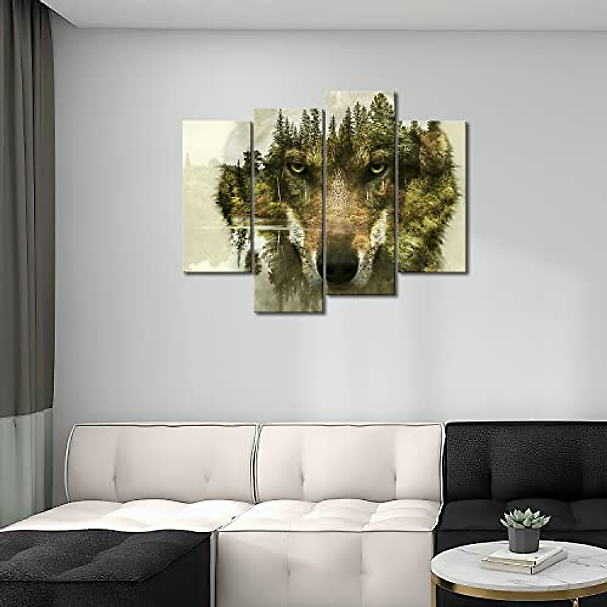Wolf 4 Pieces Modern Canvas Painting Wall Art The Picture for Home Decoration Wolf Pine Trees Forest Water Wolf Animal Print On Canvas Giclee Artwork for Wall Decor