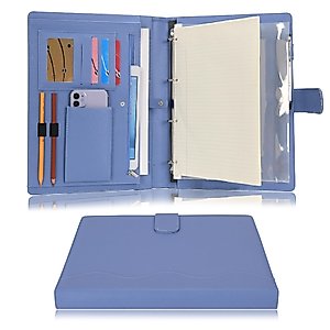 Wonderpool A4 PU Leather Ring Holder Writing Portfolio Multi Document Case with Removable Binder Clipboard and Functional Pocket for Organizer Office Travel School (Blue)
