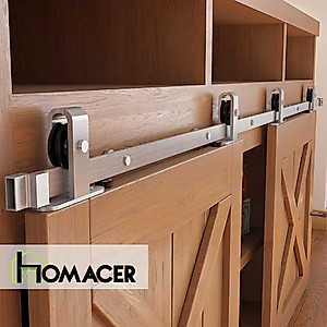 Homacer Mini Brushed Nickel Non-Bypass Sliding Barn Door Hardware Kit, for Two/Double Doors, 54-inch Long Flat Track, Bent T-Shape Design Roller, Cabinet TV Stand Console Use…