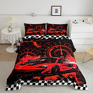 Feelyou Kids Red Race Car Comforter Twin Size, Speed Sports Car Comforter Set Boys Girls Racing Car Bedding Set Extreme Sports Teens Duvet Set Bedroom Decor Bed Set 2Pcs
