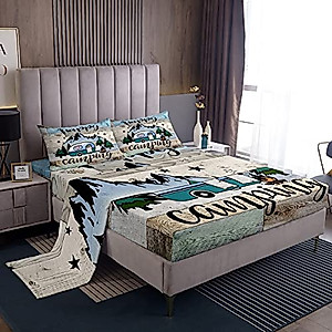 Erosebridal Kids Camping Sheets Queen Size Happy Camping Fitted Sheet for Boys Girls Western Rustic Farmhouse Style Bed Sheet Vintage Old Barn Door Print Bedding Camper Decor Flat Sheet Sets 4pcs