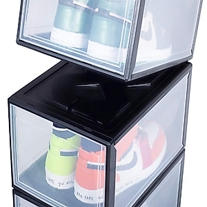 S-JIANG Shoe Boxes Clear Plastic Stackable, Drop Front Shoe Display Box Large Storage Containers Shoe Box Organizer for Sneaker Men Women (Black, 4 PACK)