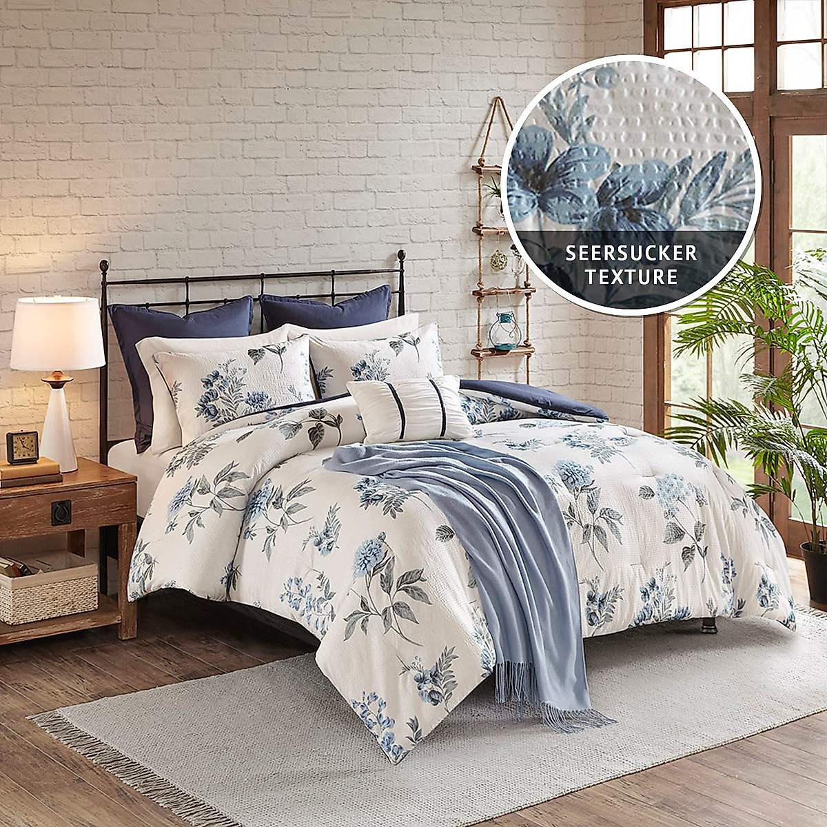 Madison Park Zennia Farmhouse Comforter Set with Throw-Blanket, Floral Print on Seersucker Textures, All Season Bedding, Matching Shams, Toss Pillows, King/Cal King(104"x92"), Blue 7 Piece