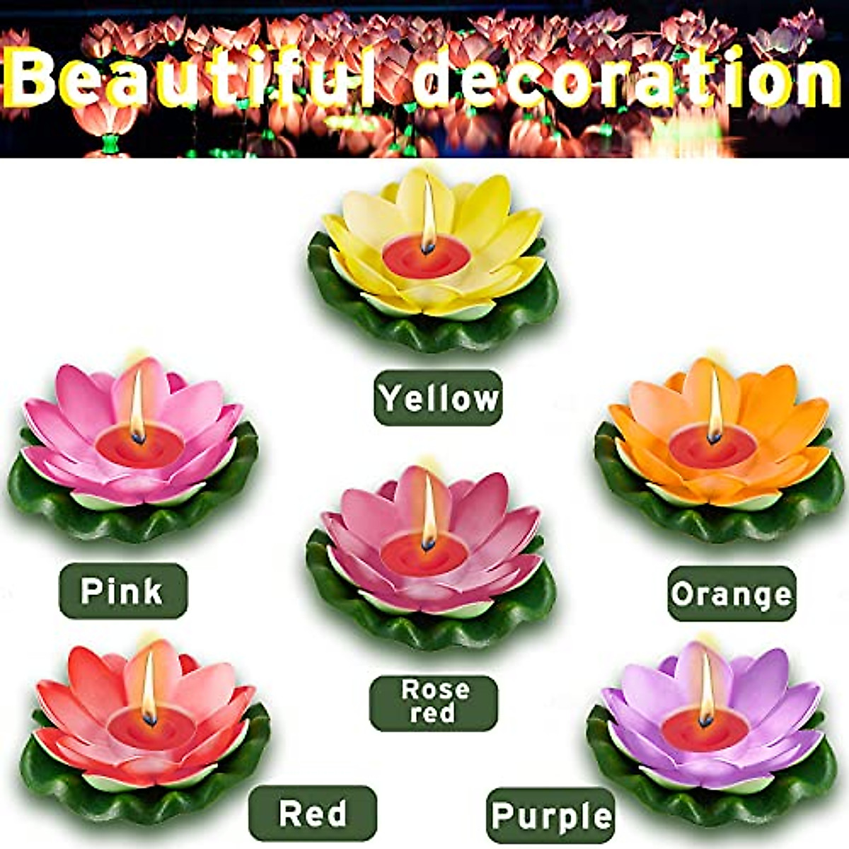 12 Pieces Lotus Floating Lanterns Floating Candles Light Artificial Floating Colorful Lotus with Real Candles Pool Lights Float for Garden Weddings Home Pool Decor(4 Inch)