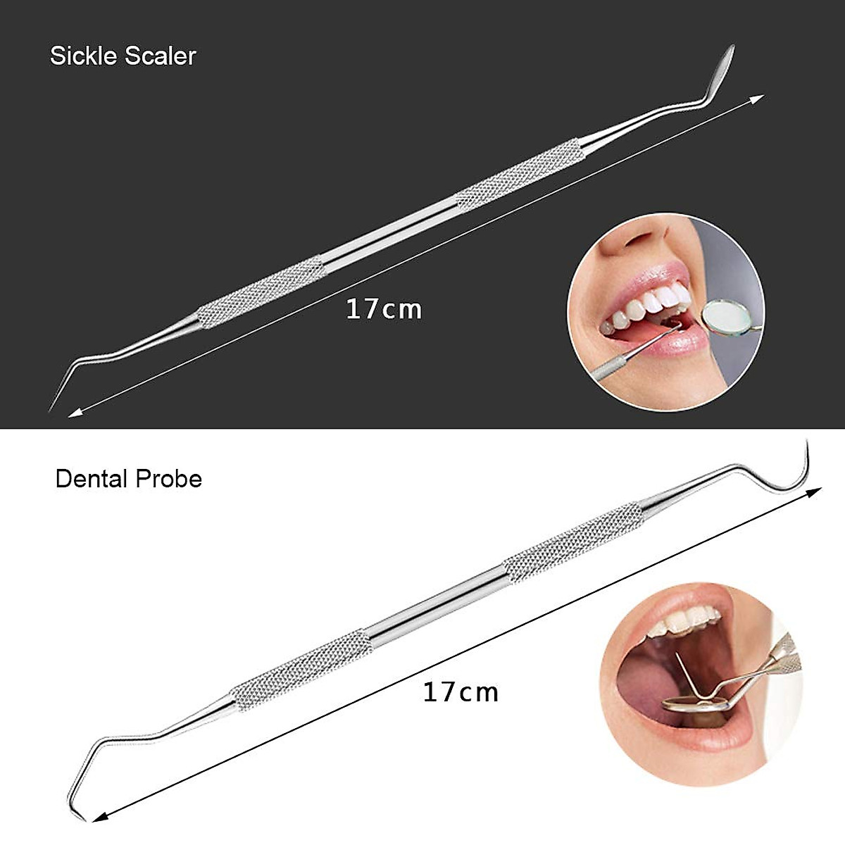 Angzhili Dental Hygiene Tool Set Stainless Steel Dental Probe, Mouth Mirror,Tarter Scraper and Sickle Scaler, Basic Examination Dental Kit Is Ideal for Personal and Pet(6.8 Inch)
